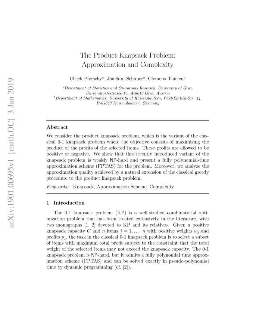 The Product Knapsack Problem Approximation And Complexity Deepai