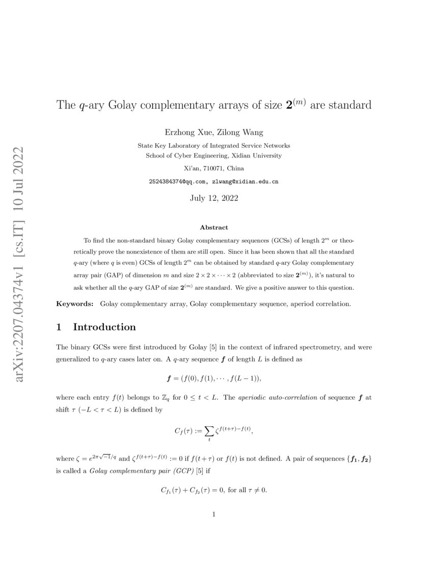 The Q Ary Golay Complementary Arrays Of Size 2m Are Standard Deepai