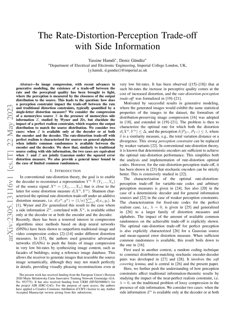 The Rate-Distortion-Perception Trade-off with Side Information | DeepAI
