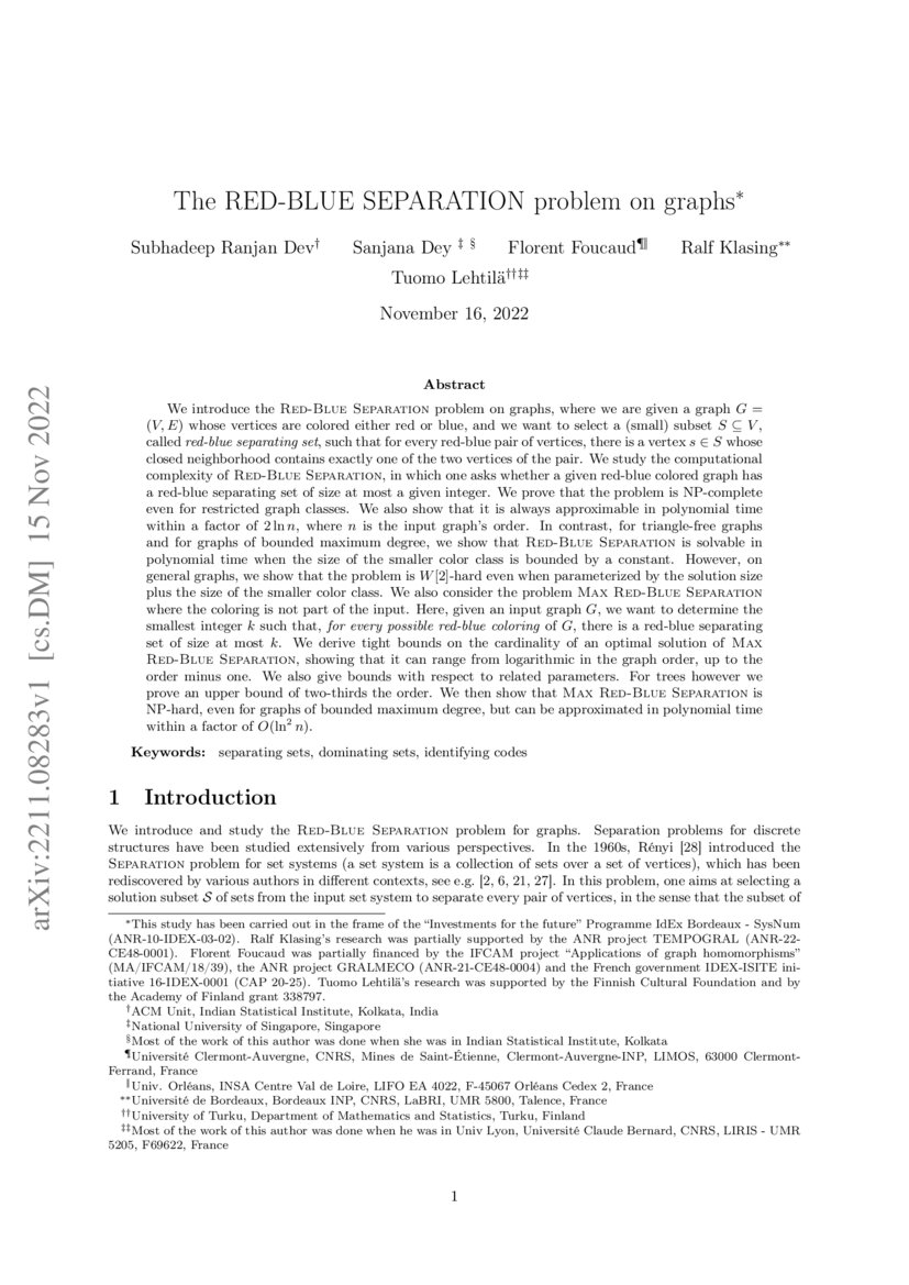 The RED-BLUE SEPARATION problem on graphs | DeepAI