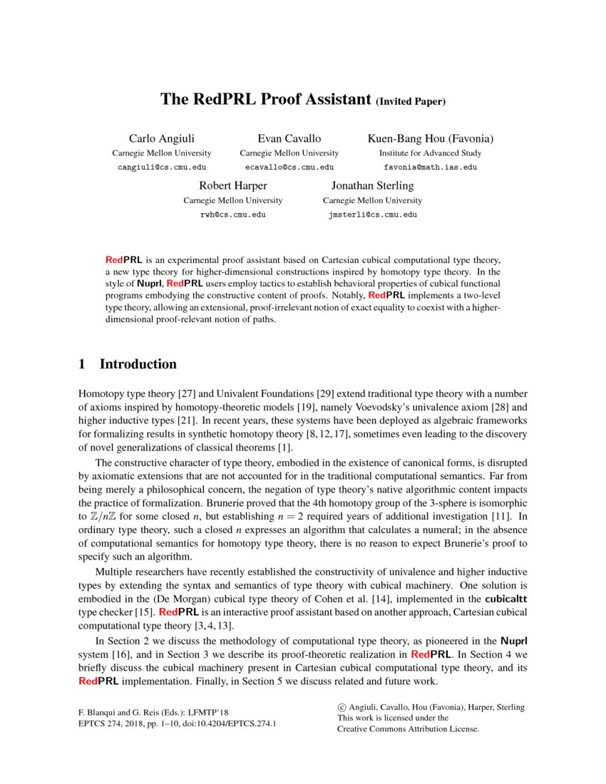 The RedPRL Proof Assistant (Invited Paper) | DeepAI