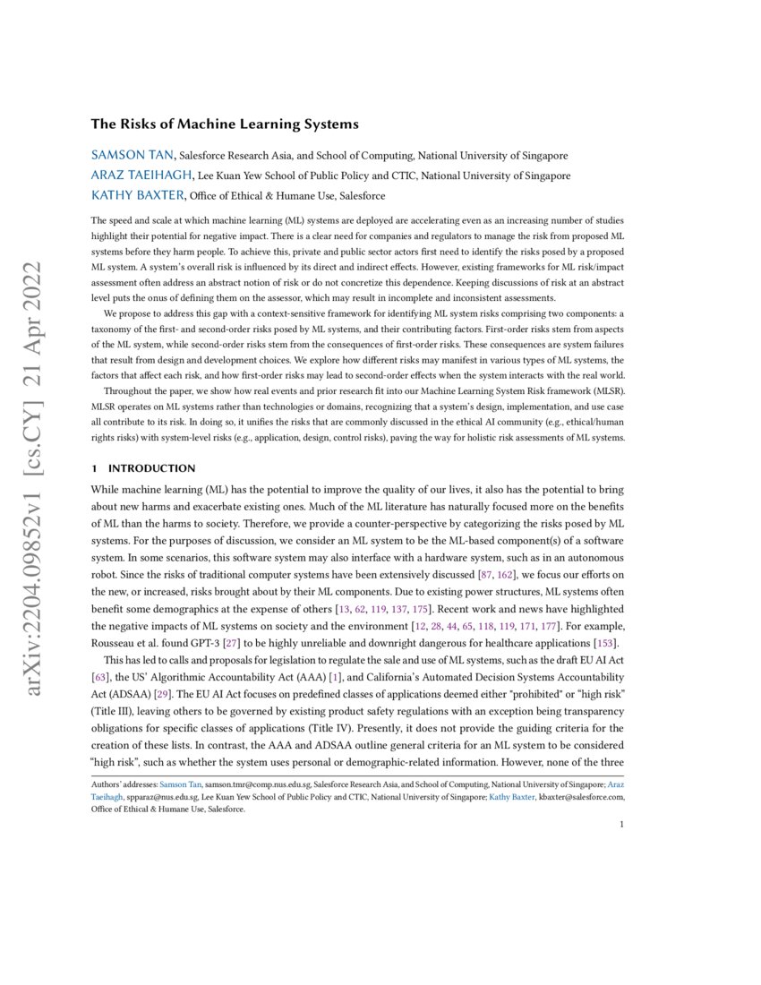 The Risks of Machine Learning Systems | DeepAI