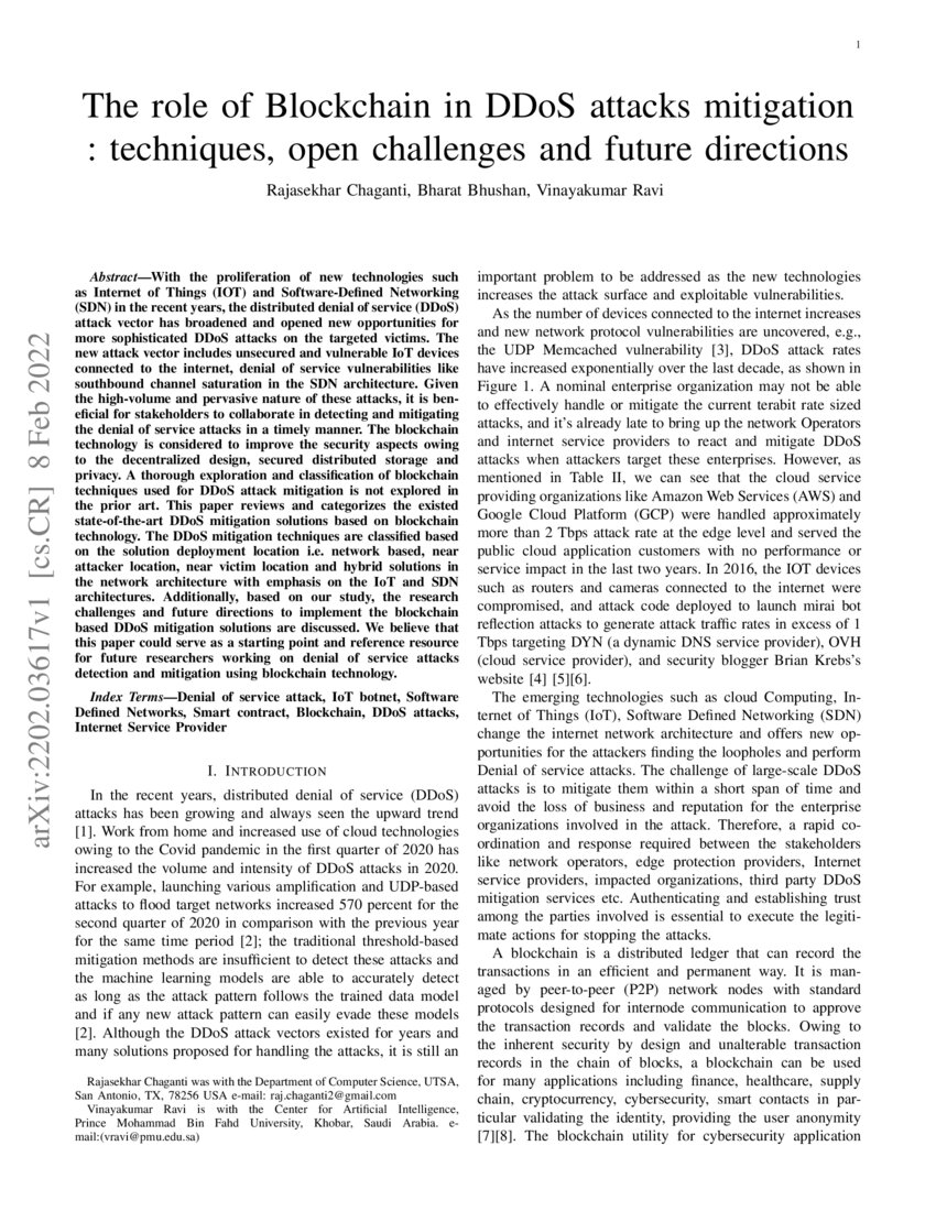 The Role Of Blockchain In Ddos Attacks Mitigation Techniques Open Challenges And Future