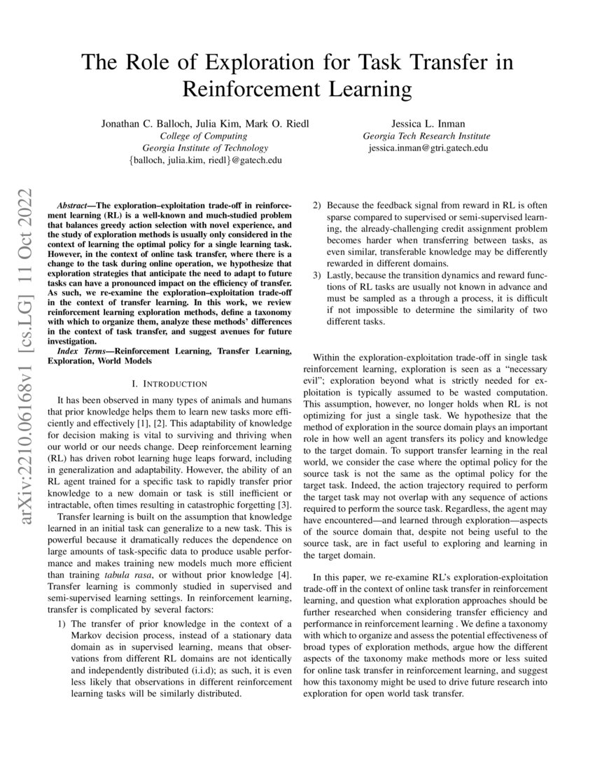 The Role of Exploration for Task Transfer in Reinforcement Learning | DeepAI