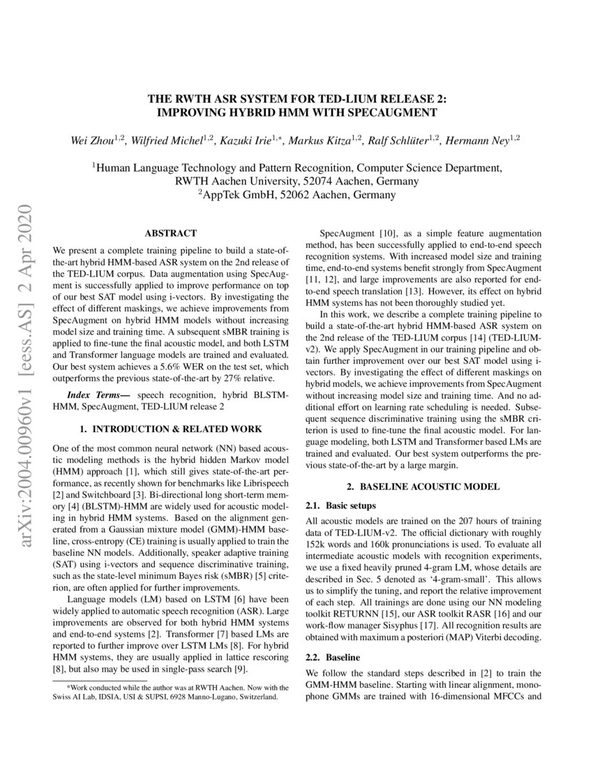 The RWTH ASR System for TED-LIUM Release 2: Improving Hybrid HMM with SpecAugment | DeepAI