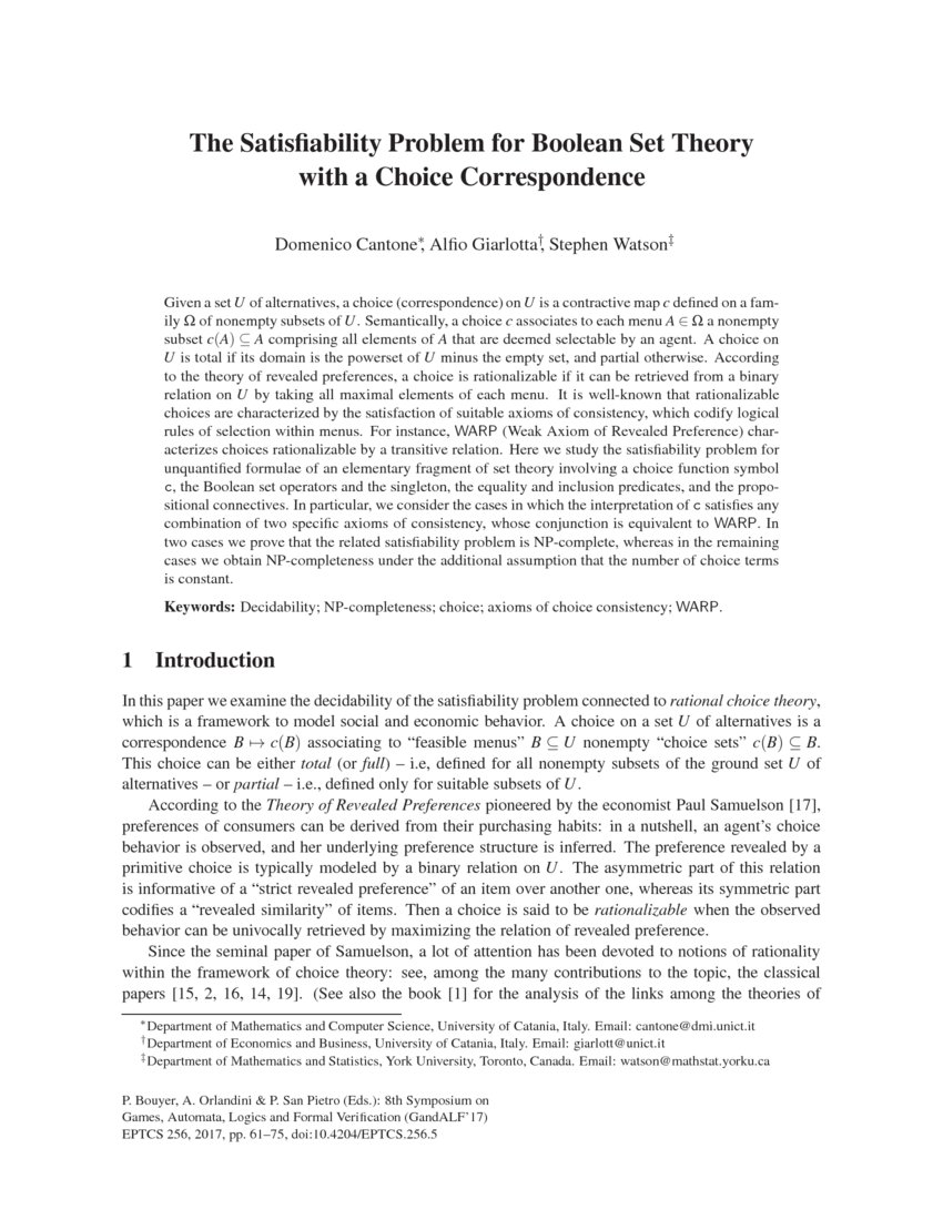 The Satisfiability Problem for Boolean Set Theory with a Choice Correspondence | DeepAI