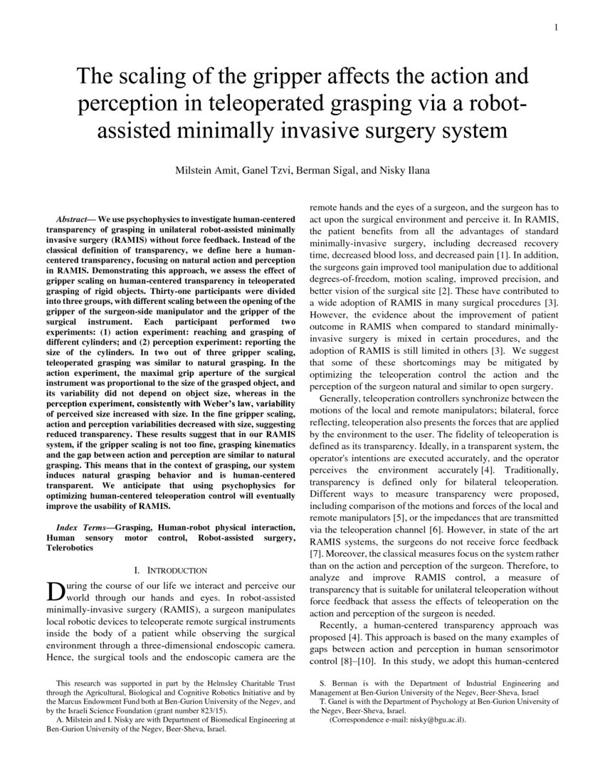 The scaling of the gripper affects the action and perception in teleoperated grasping via a ...