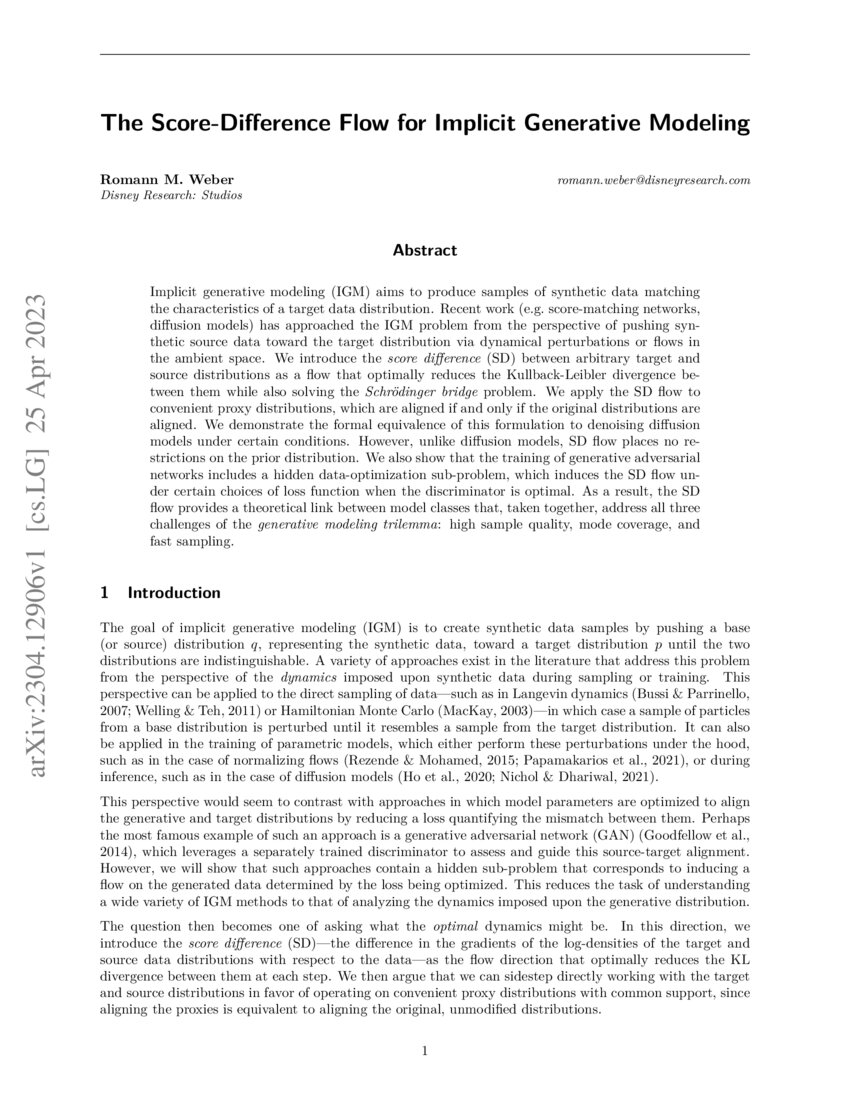 The Score Difference Flow For Implicit Generative Modeling Deepai