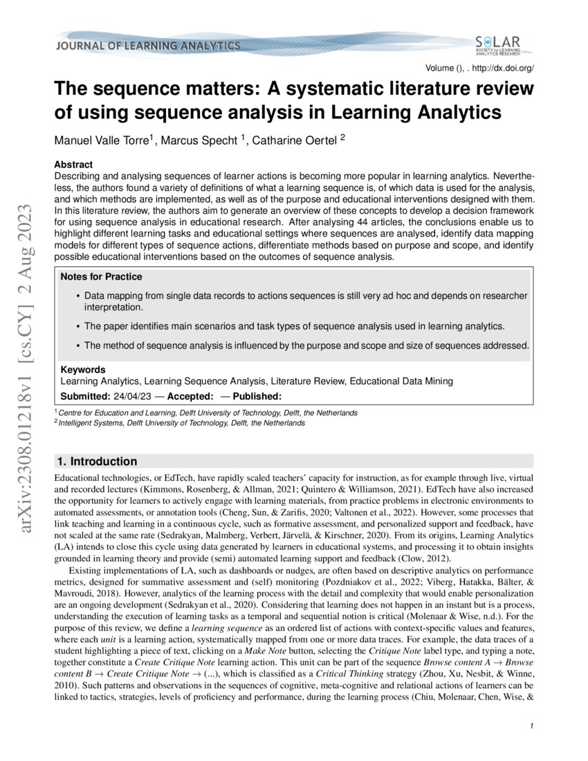 The sequence matters: A systematic literature review of using sequence analysis in Learning ...