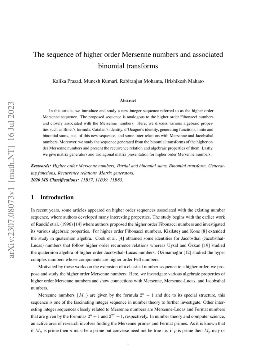 The sequence of higher order Mersenne numbers and associated binomial ...