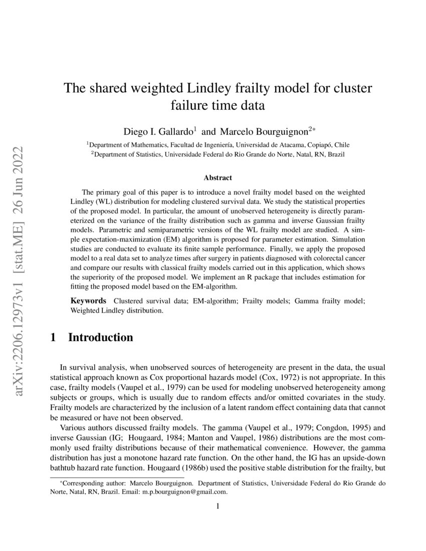 The shared weighted Lindley frailty model for cluster failure time data | DeepAI