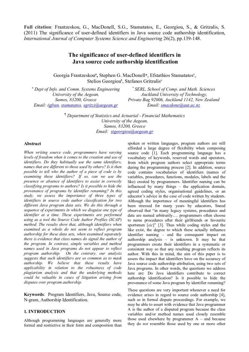 The Significance Of User Defined Identifiers In Java Source Code Authorship Identification Deepai 
