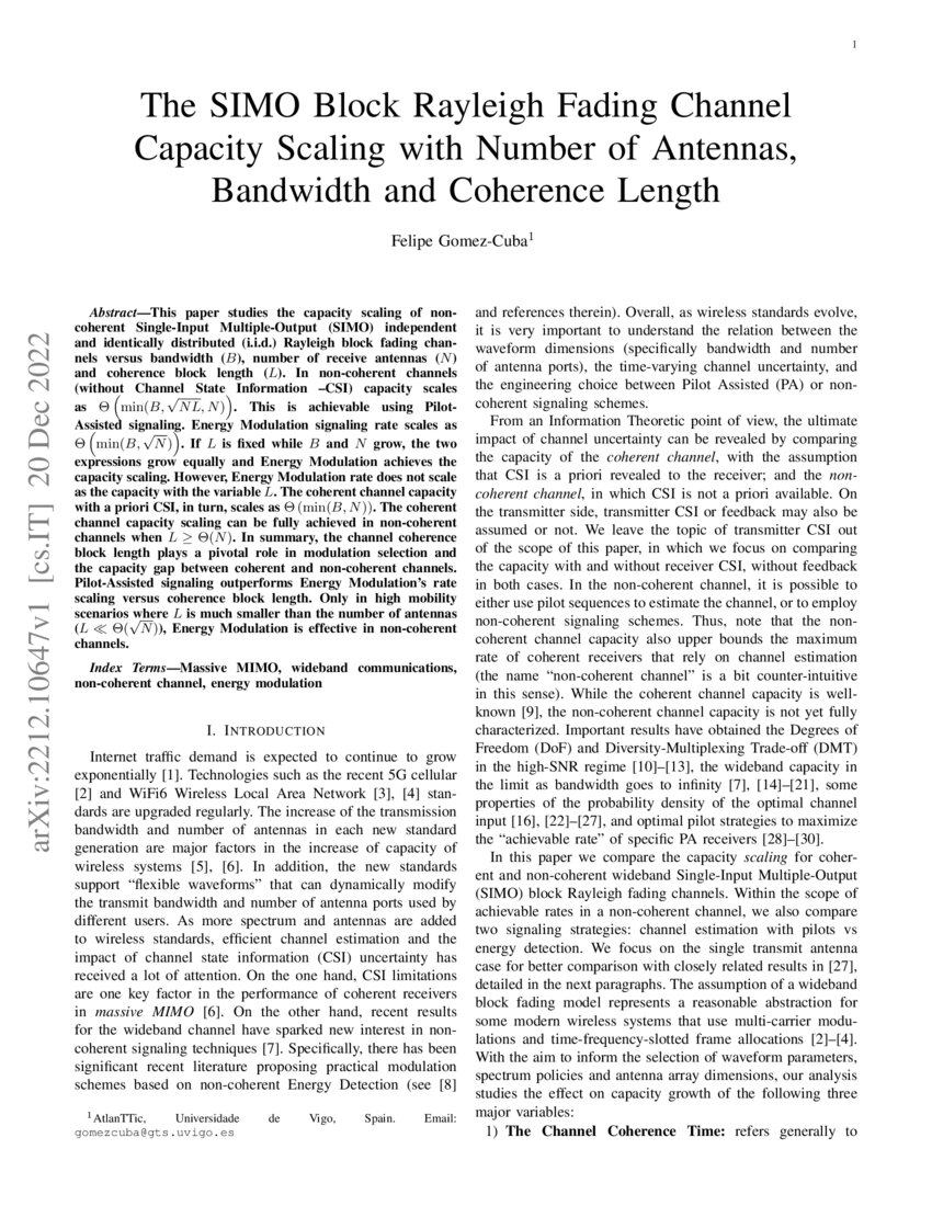 The SIMO Block Rayleigh Fading Channel Capacity Scaling with Number of ...