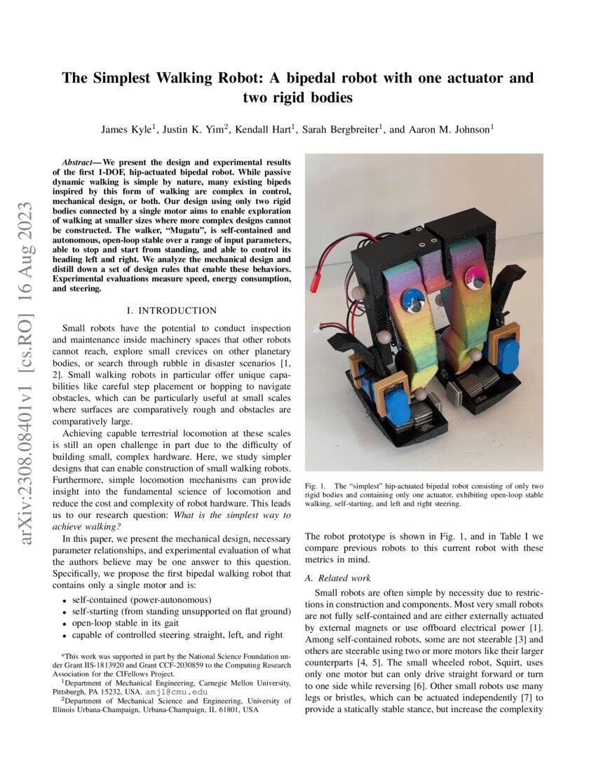 The Simplest Walking Robot A Bipedal Robot With One Actuator And Two