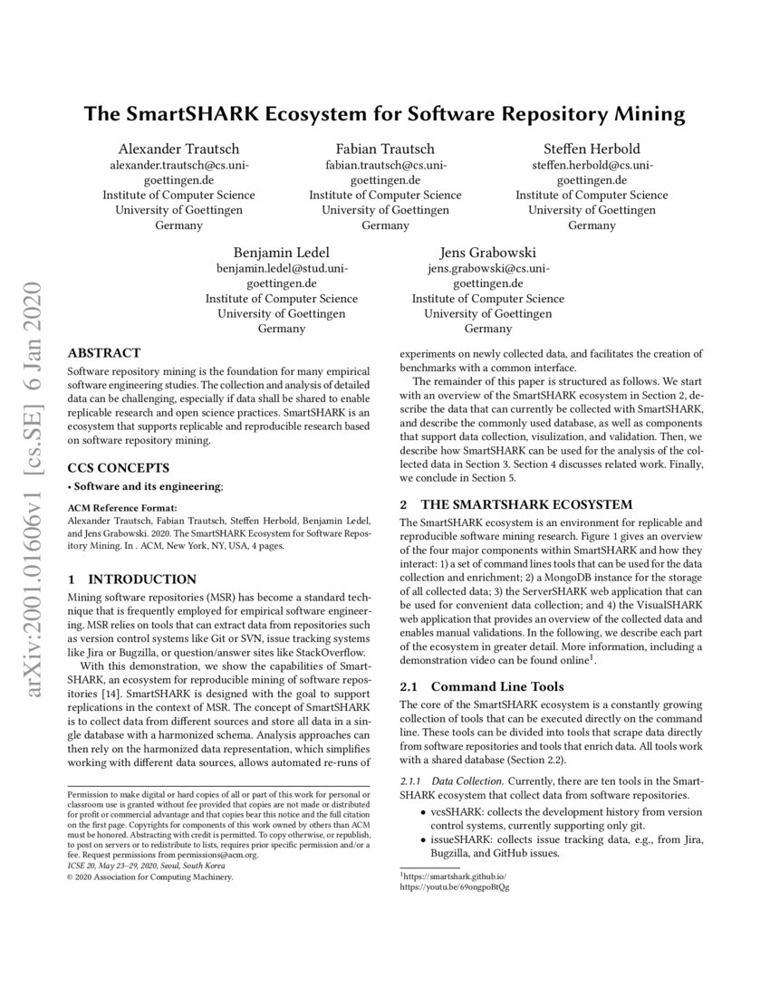 The SmartSHARK Ecosystem for Software Repository Mining | DeepAI