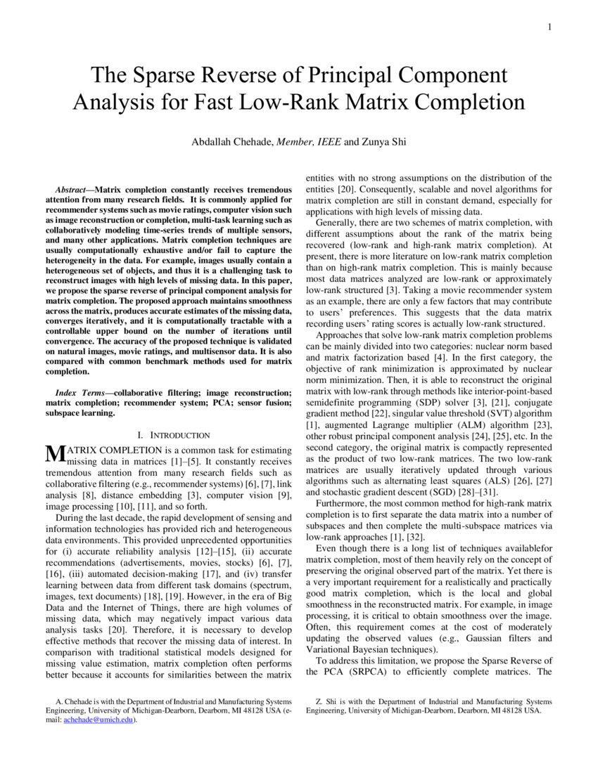 The Sparse Reverse Of Principal Component Analysis For Fast Low Rank Matrix Completion Deepai