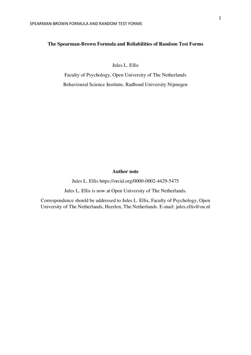 The Spearman-Brown Formula and Reliabilities of Random Test Forms | DeepAI