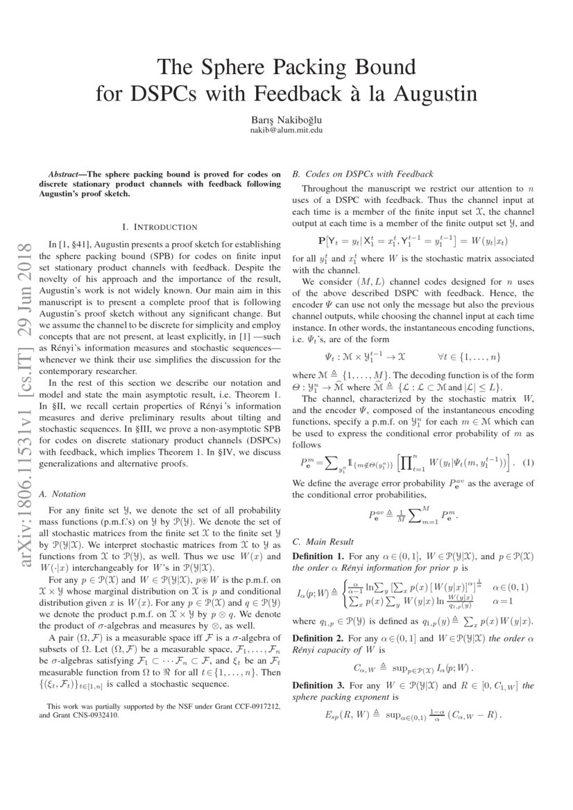 The Sphere Packing Bound for DSPCs with Feedback a la Augustin | DeepAI