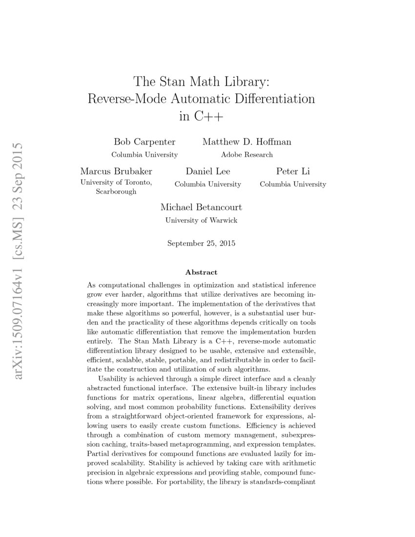 The Stan Math Library Reverse Mode Automatic Differentiation In C Deepai 