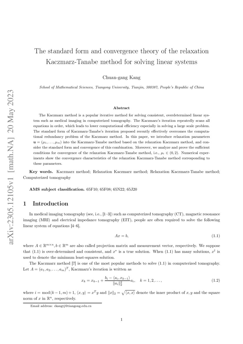The standard form and convergence theory of the relaxation Kaczmarz-Tanabe method for solving ...