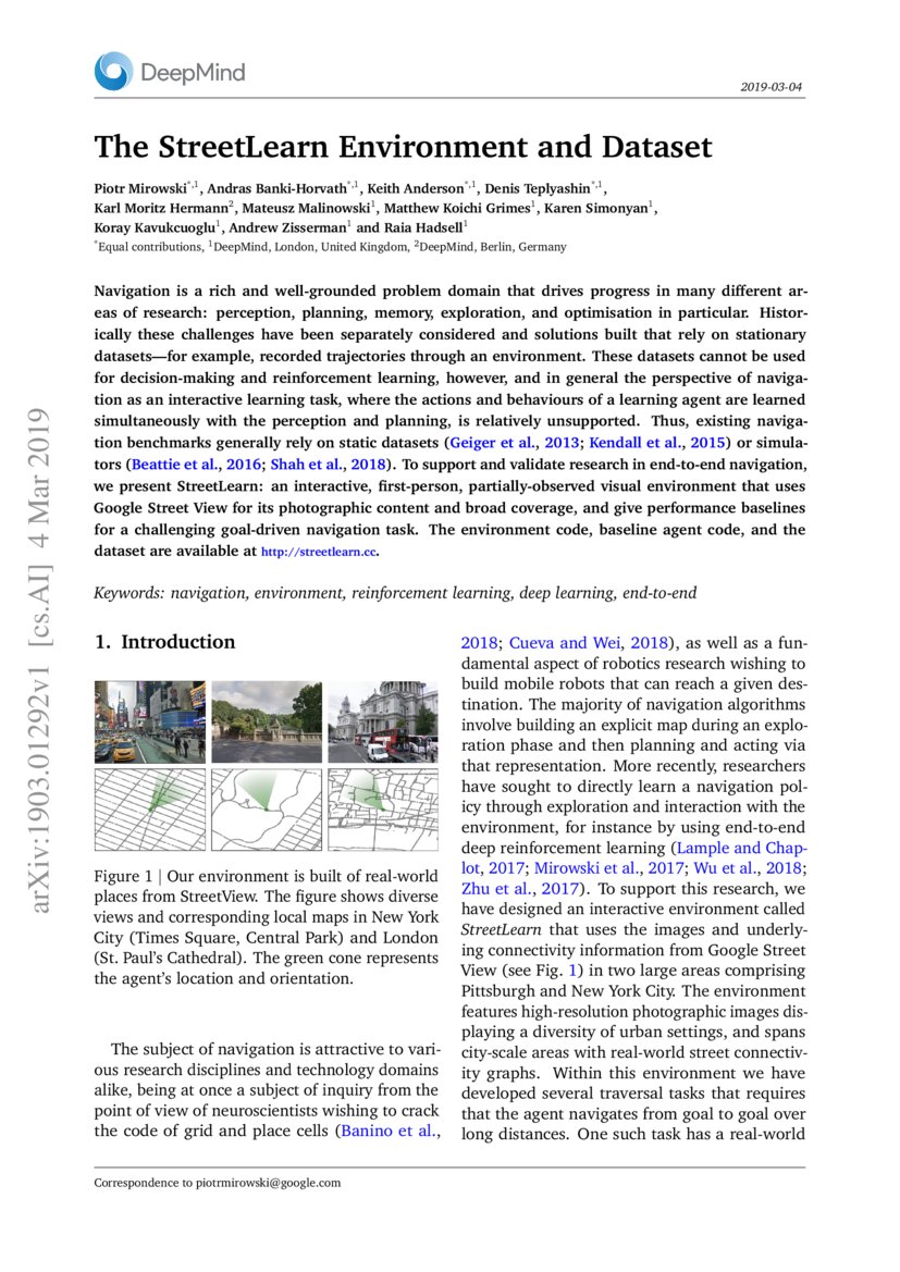 The StreetLearn Environment and Dataset | DeepAI