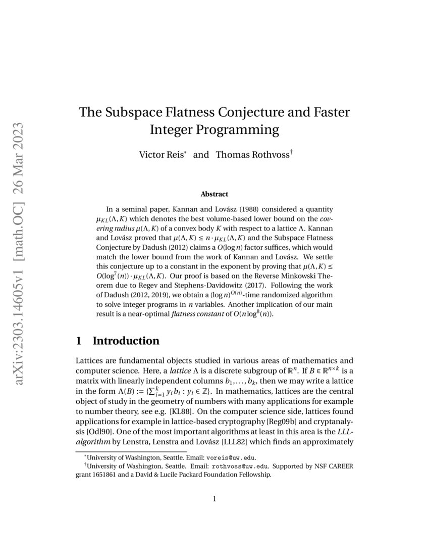 The Subspace Flatness Conjecture And Faster Integer Programming Deepai