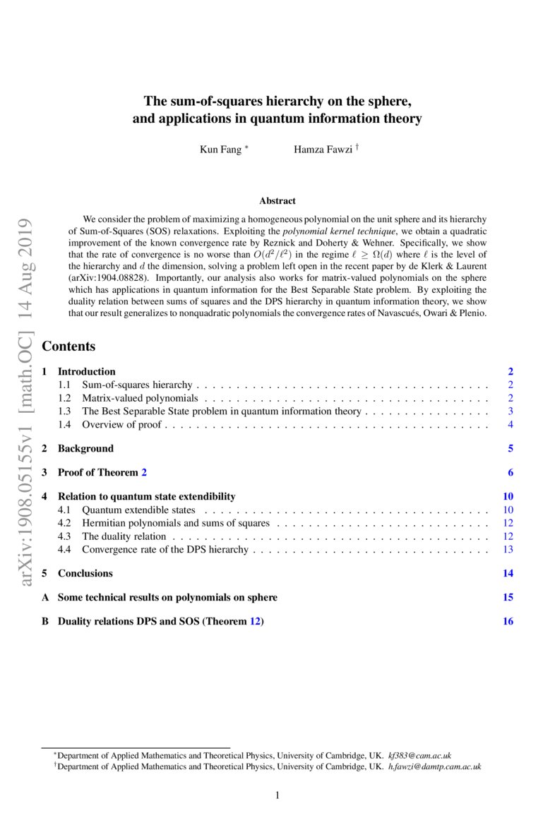 The Sum Of Squares Hierarchy On The Sphere And Applications In Quantum