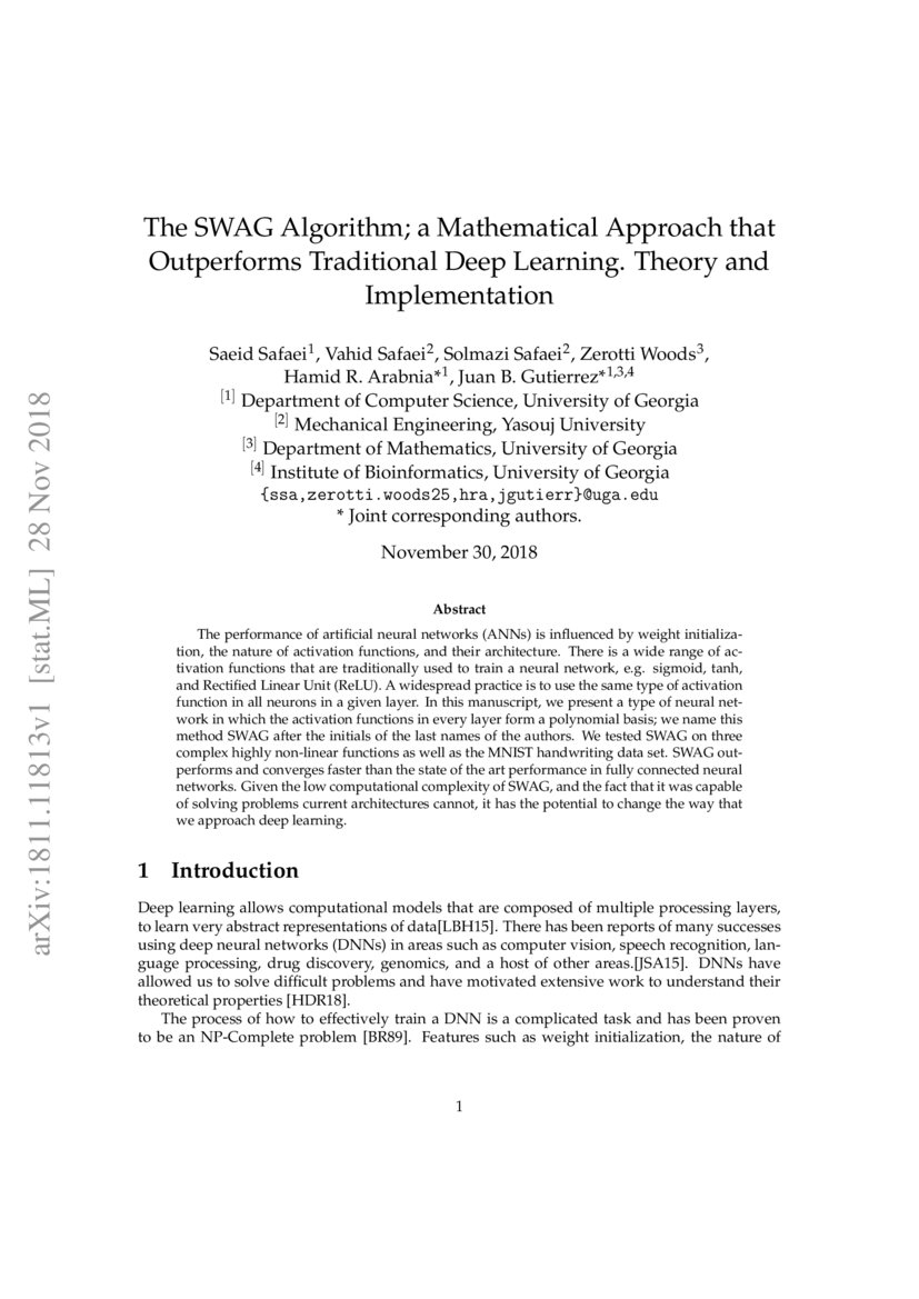 The SWAG Algorithm; a Mathematical Approach that Outperforms Traditional Deep Learning. Theory ...