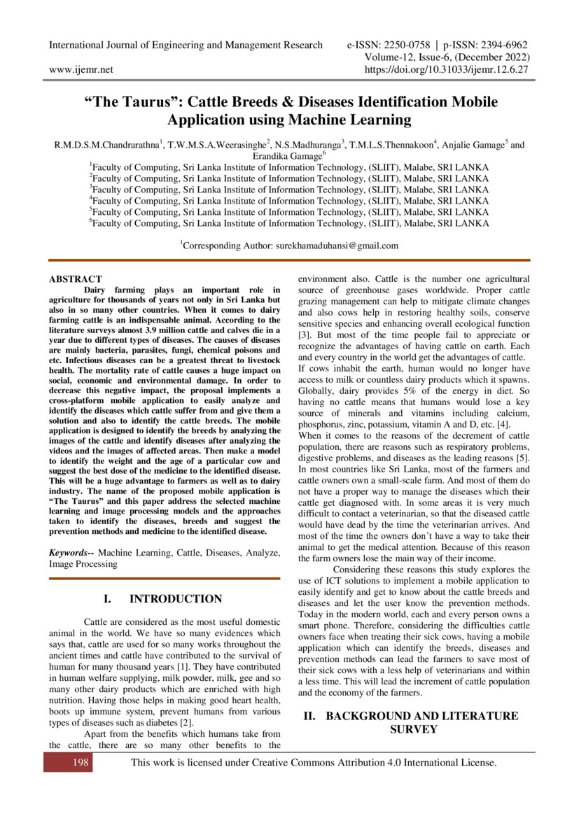 The Taurus Cattle Breeds Diseases Identification Mobile Application Using Machine Learning