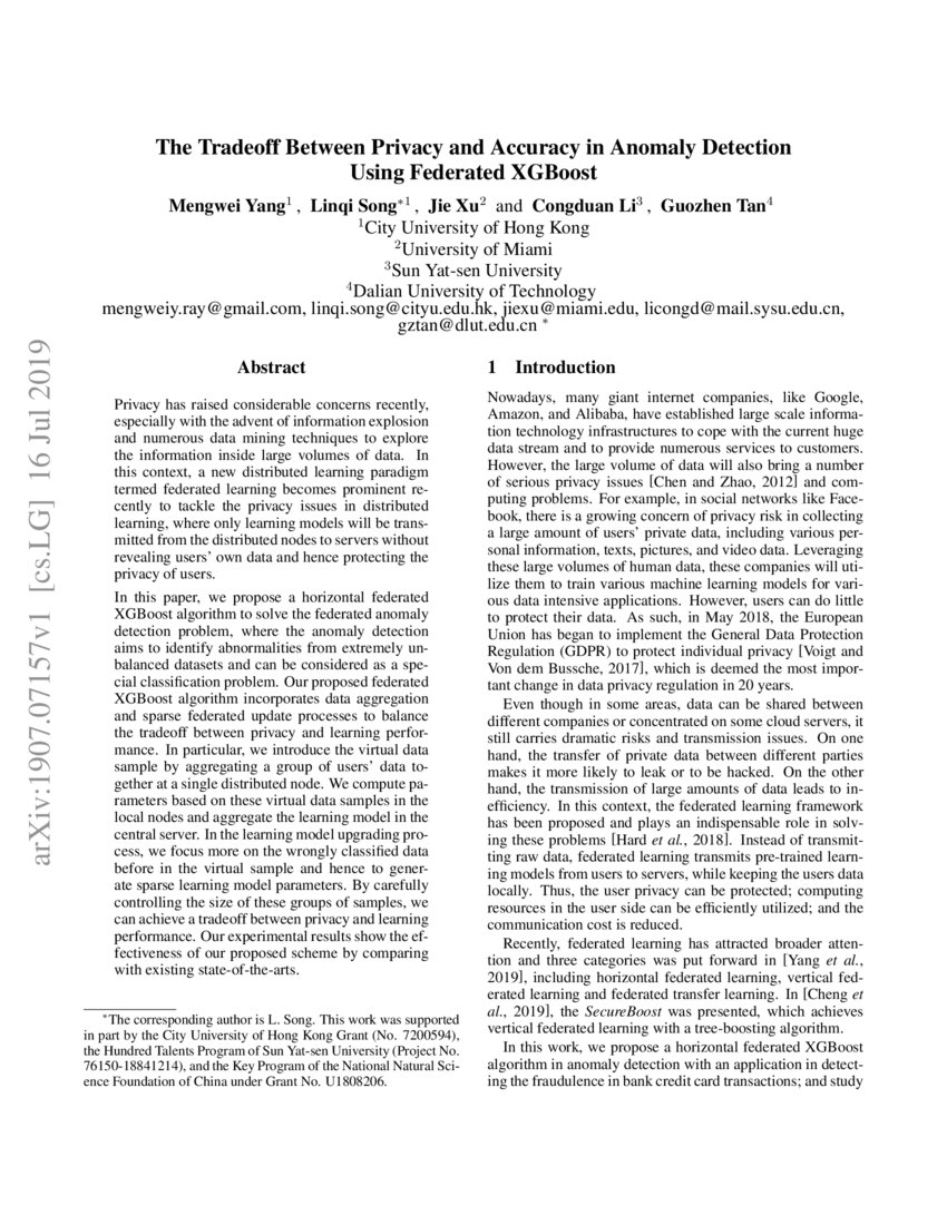 The Tradeoff Between Privacy And Accuracy In Anomaly Detection Using Federated Xgboost Deepai 
