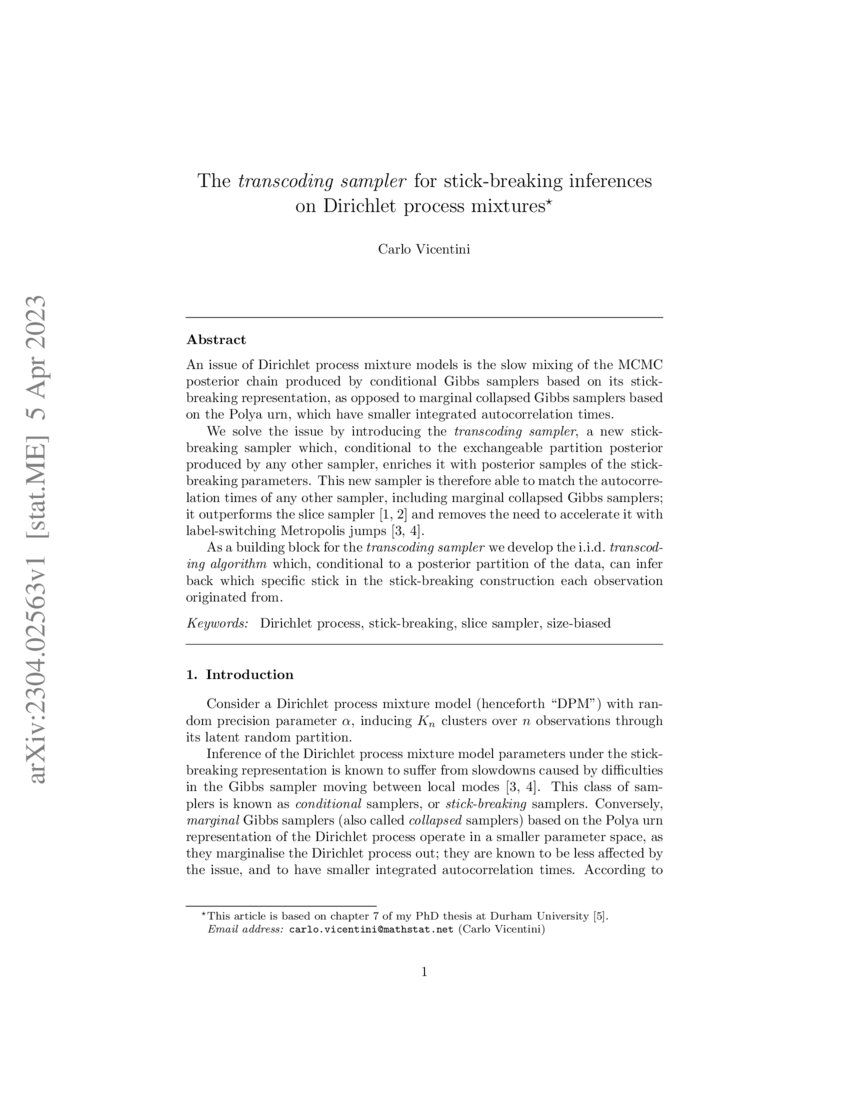 The transcoding sampler for stick-breaking inferences on Dirichlet ...