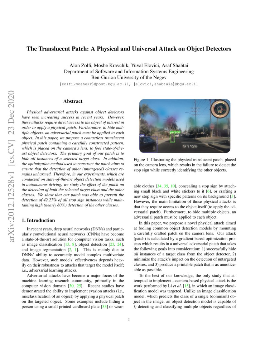The Translucent Patch: A Physical and Universal Attack on Object Detectors | DeepAI