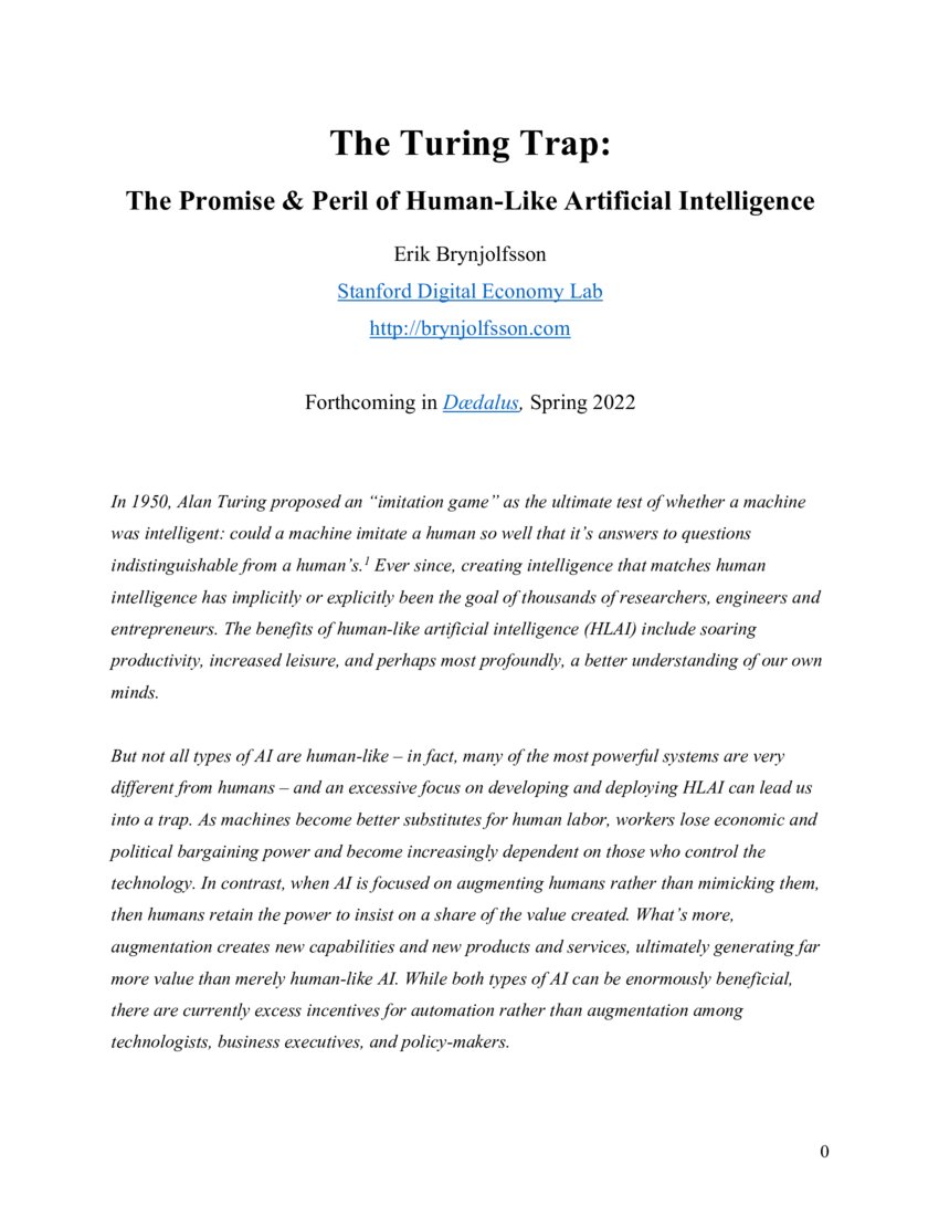The Turing Trap: The Promise Peril of Human-Like Artificial ...