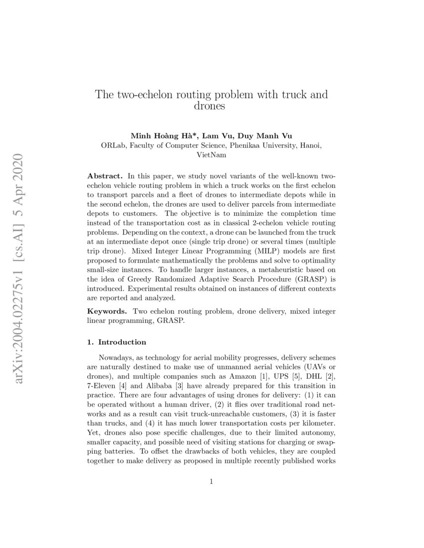 The two-echelon routing problem with truck and drones | DeepAI