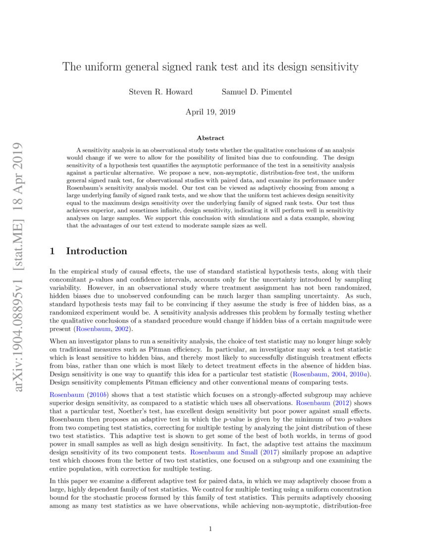 The uniform general signed rank test and its design sensitivity | DeepAI
