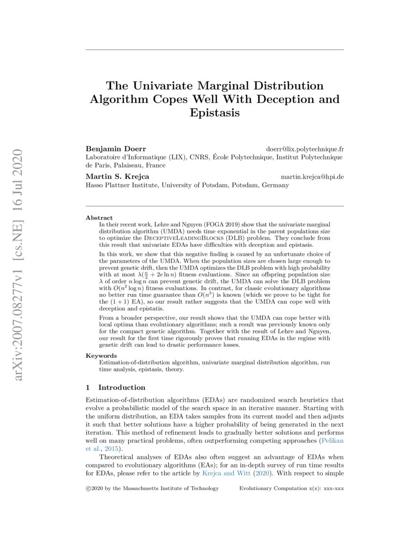 The Univariate Marginal Distribution Algorithm Copes Well With Deception and Epistasis | DeepAI