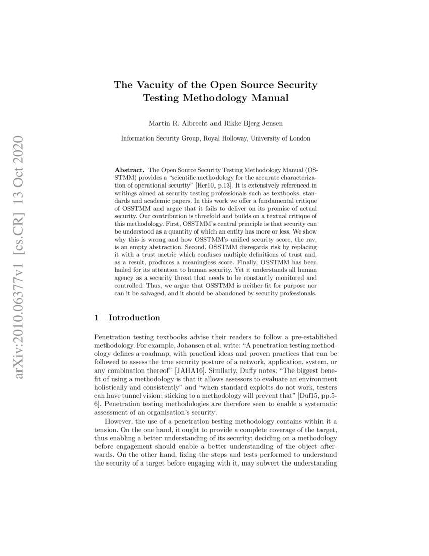 The Vacuity Of The Open Source Security Testing Methodology Manual Deepai 