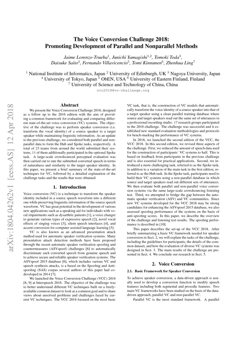 The Voice Conversion Challenge 2018: Promoting Development of Parallel ...