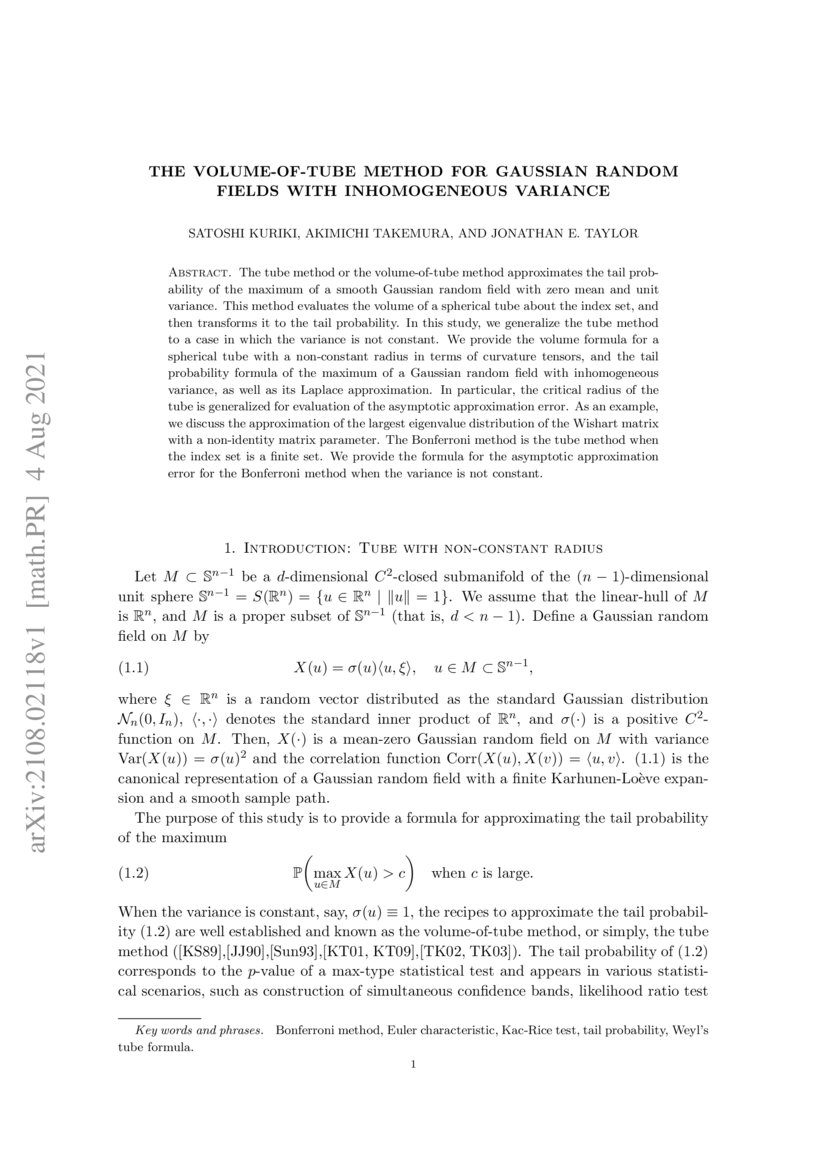 The volume-of-tube method for Gaussian random fields with inhomogeneous variance | DeepAI