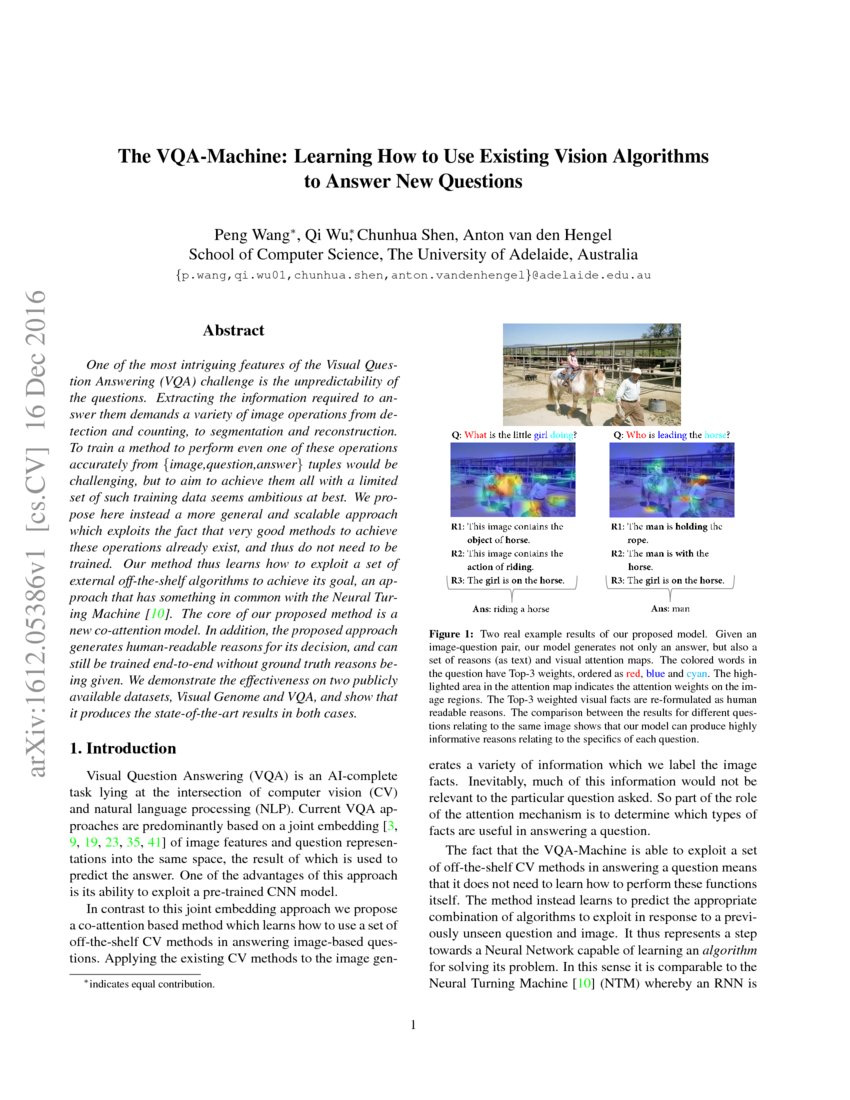 The VQA-Machine: Learning How to Use Existing Vision Algorithms to Answer New Questions | DeepAI