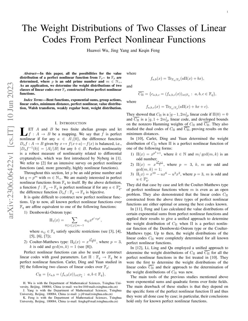 The Weight Distributions of Two Classes of Linear Codes From Perfect Nonlinear Functions | DeepAI
