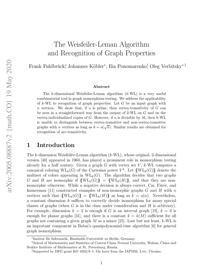 The Weisfeiler-Leman Algorithm and Recognition of Graph Properties | DeepAI