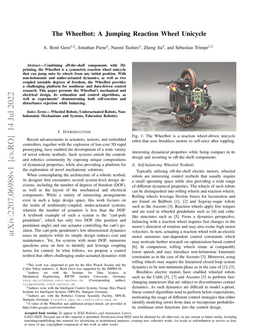 The Wheelbot: A Jumping Reaction Wheel Unicycle | DeepAI