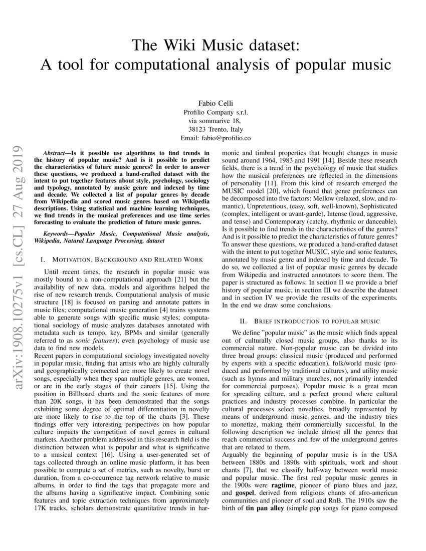 The Wiki Music dataset: A tool for computational analysis of popular ...