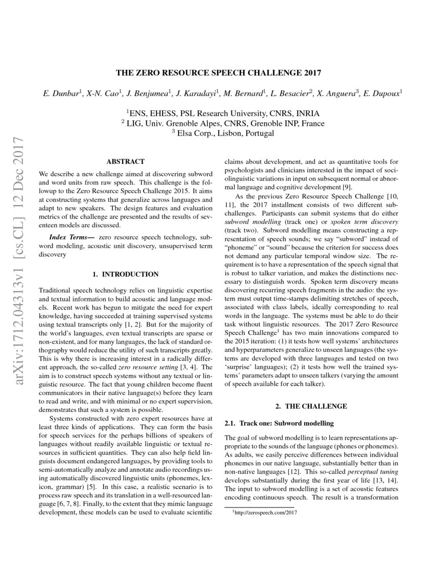 The Zero Resource Speech Challenge 2017 | DeepAI