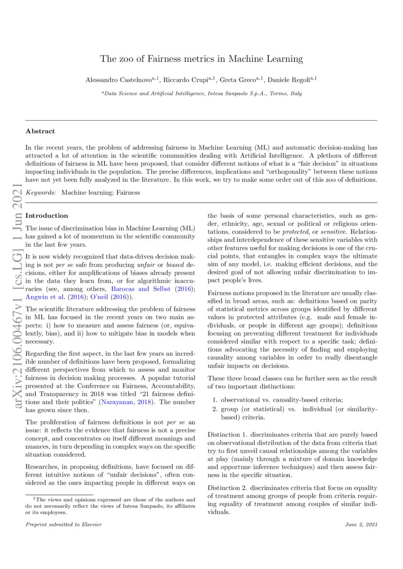 The zoo of Fairness metrics in Machine Learning | DeepAI