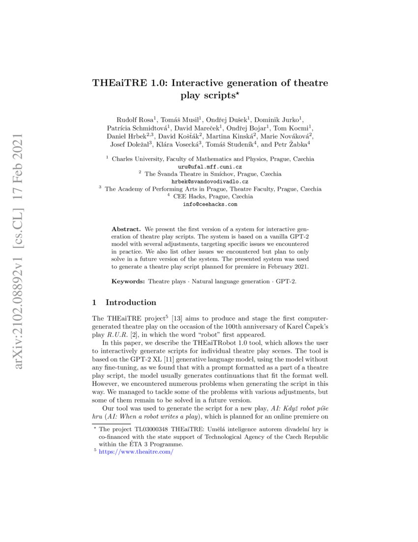THEaiTRE 1.0: Interactive generation of theatre play scripts | DeepAI