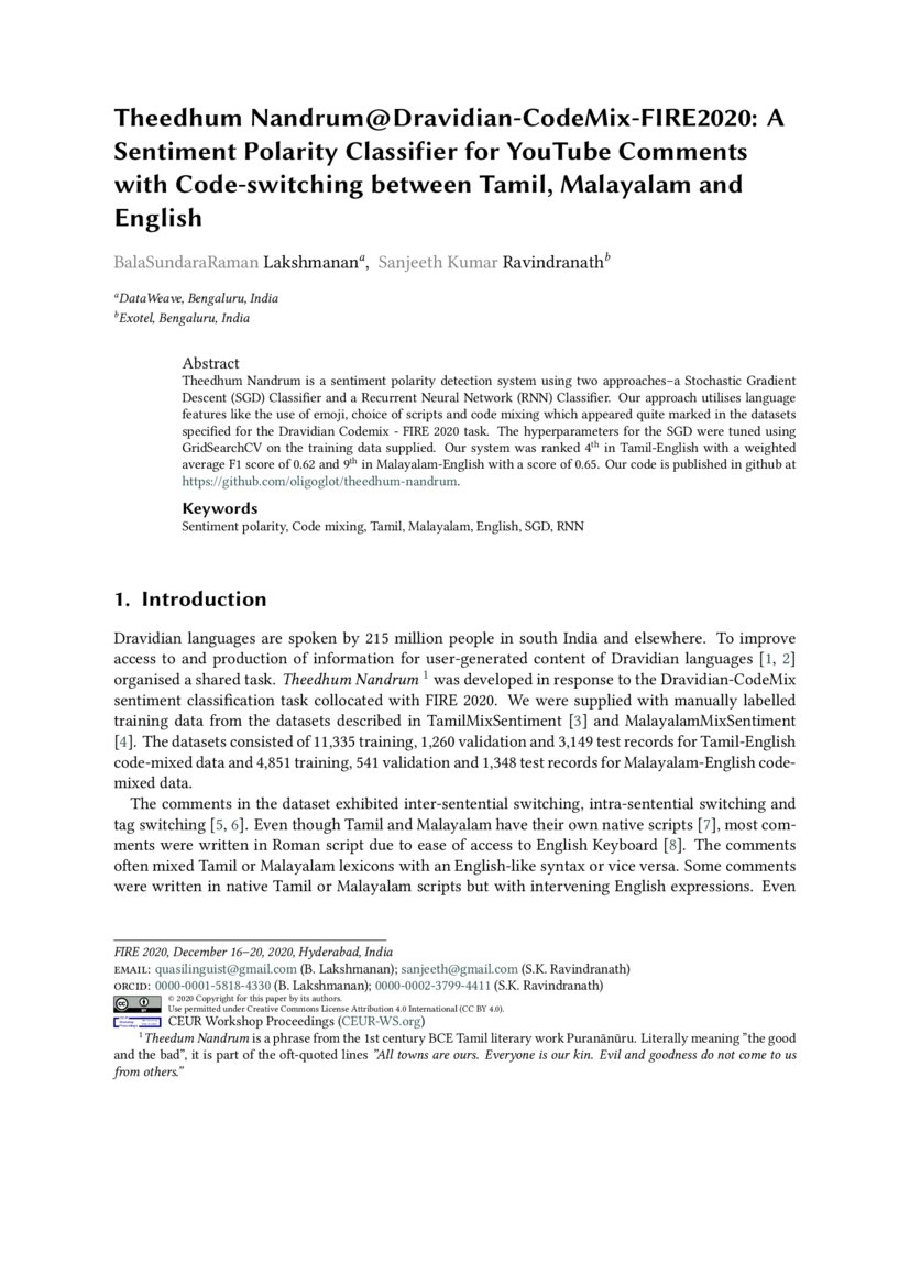 Theedhum Nandrum@Dravidian-CodeMix-FIRE2020: ASentiment Polarity Classifier for YouTube ...
