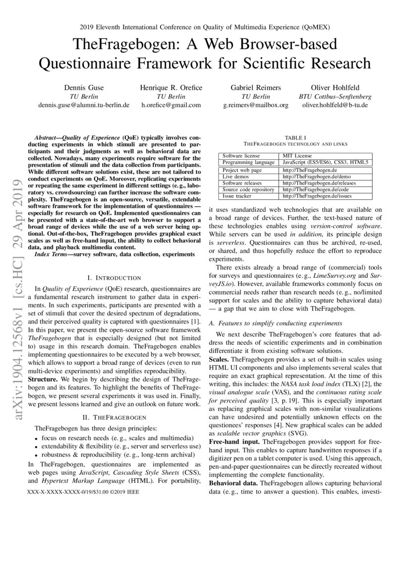 TheFragebogen: A Web Browser-based Questionnaire Framework for ...