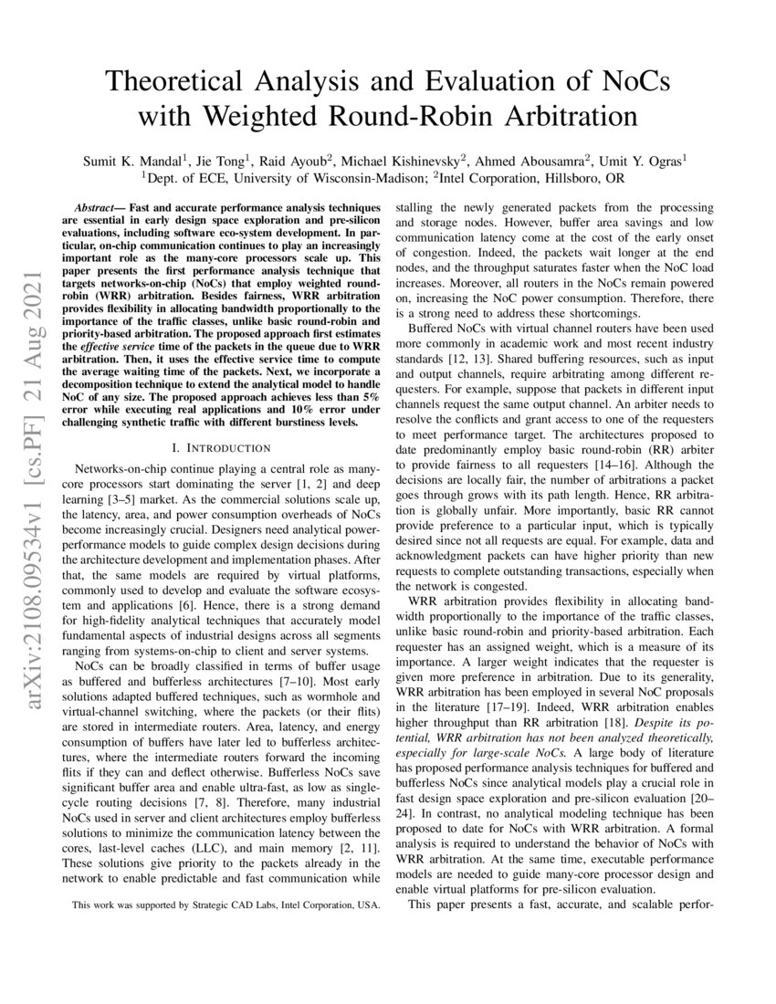 Theoretical Analysis and Evaluation of NoCs with Weighted Round-Robin Arbitration | DeepAI